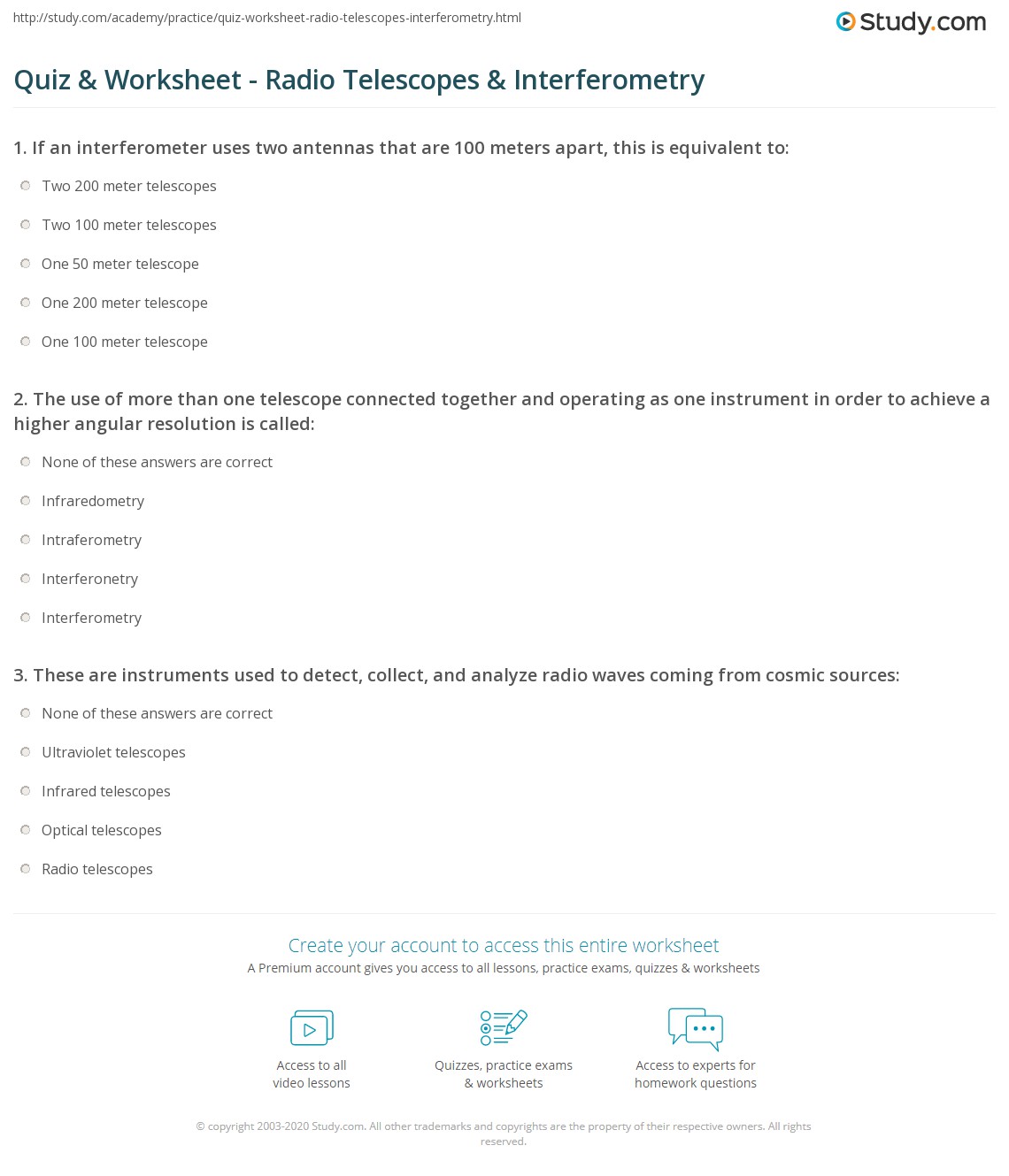 Quiz & Worksheet - Radio Telescopes & Interferometry | Study.com