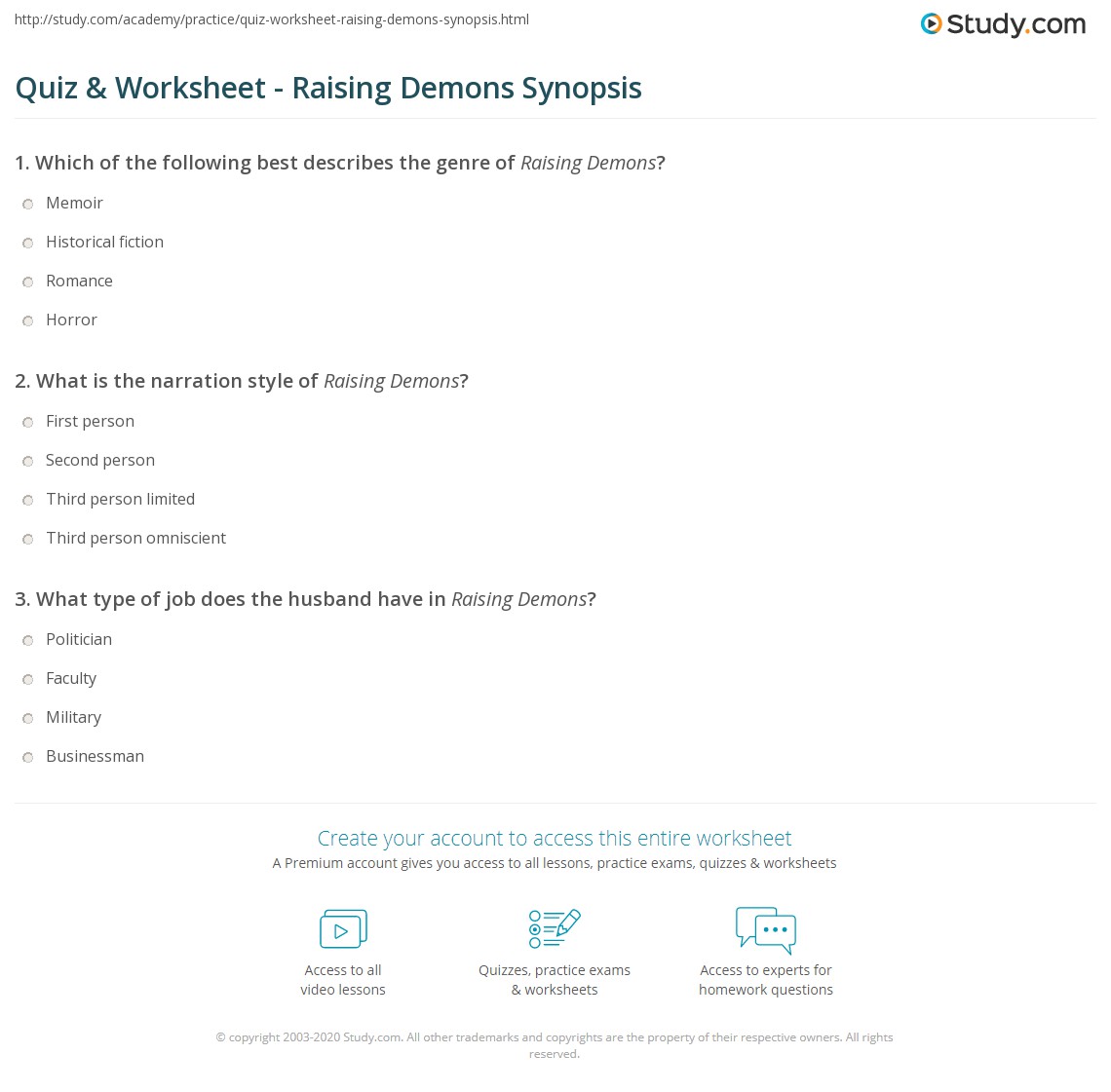 Quiz & Worksheet - Raising Demons Synopsis | Study.com