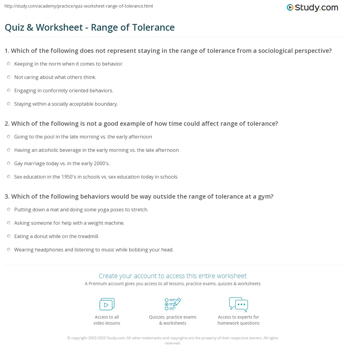 Quiz & Worksheet - Range of Tolerance | Study.com