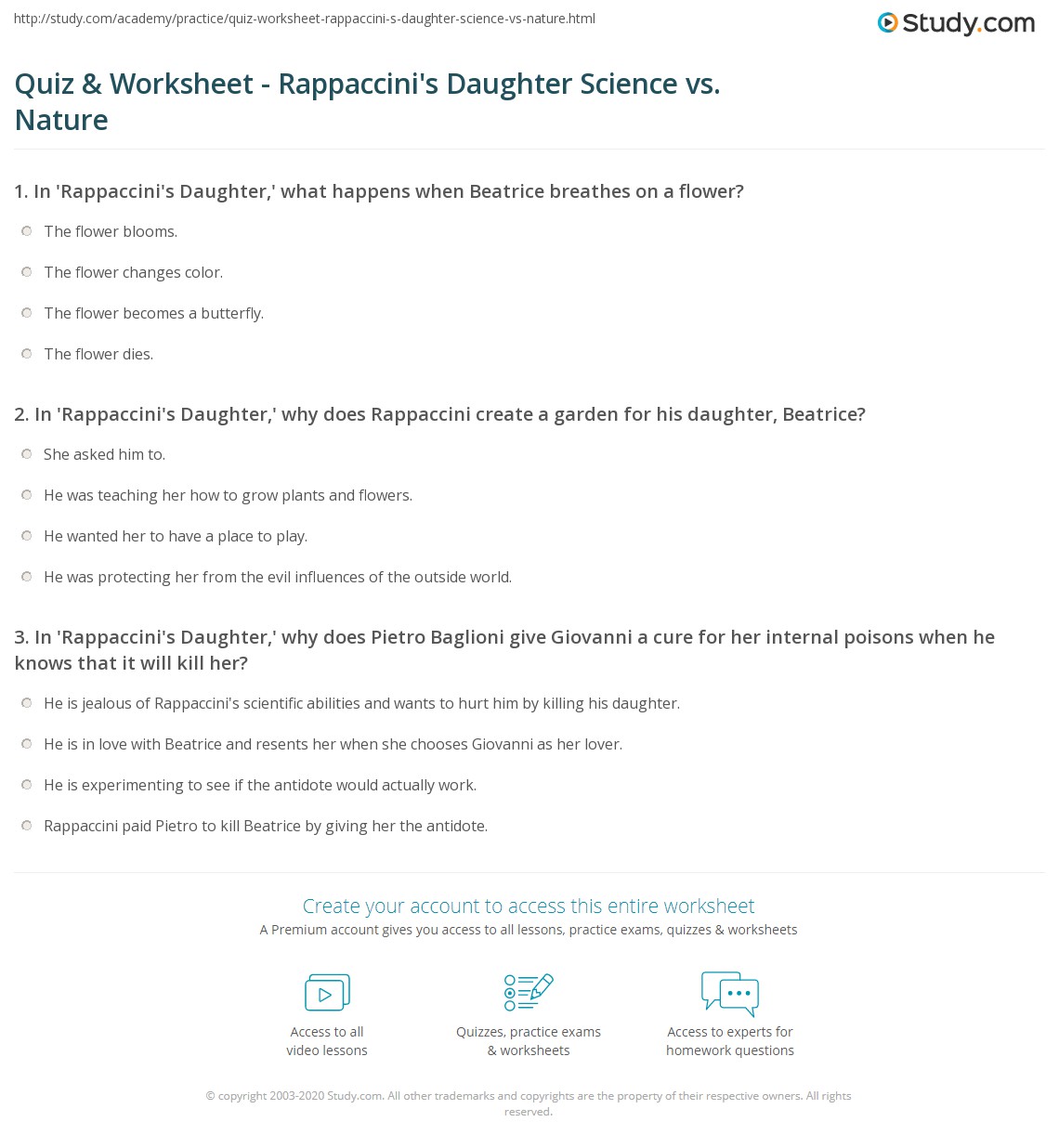 Quiz & Worksheet - Rappaccini's Daughter Science vs. Nature | Study.com