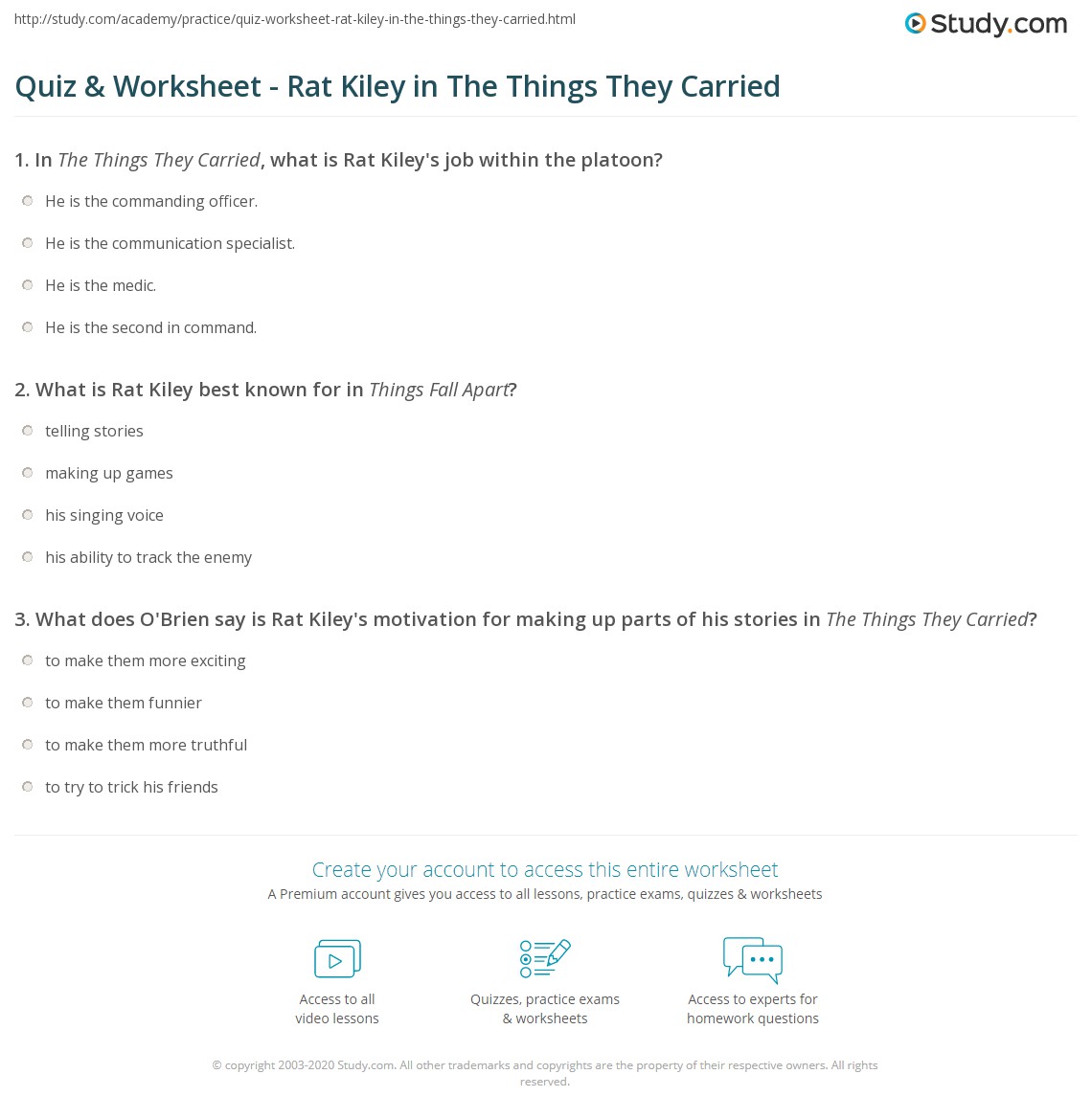 Quiz & Worksheet - Rat Kiley in The Things They Carried | Study.com