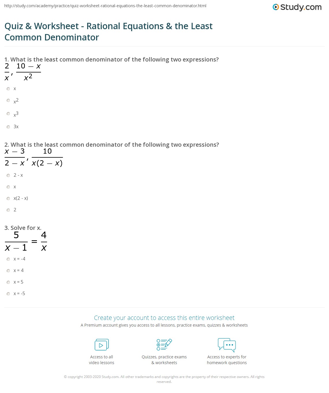 Quiz Worksheet Rational Equations The Least Common Denominator 