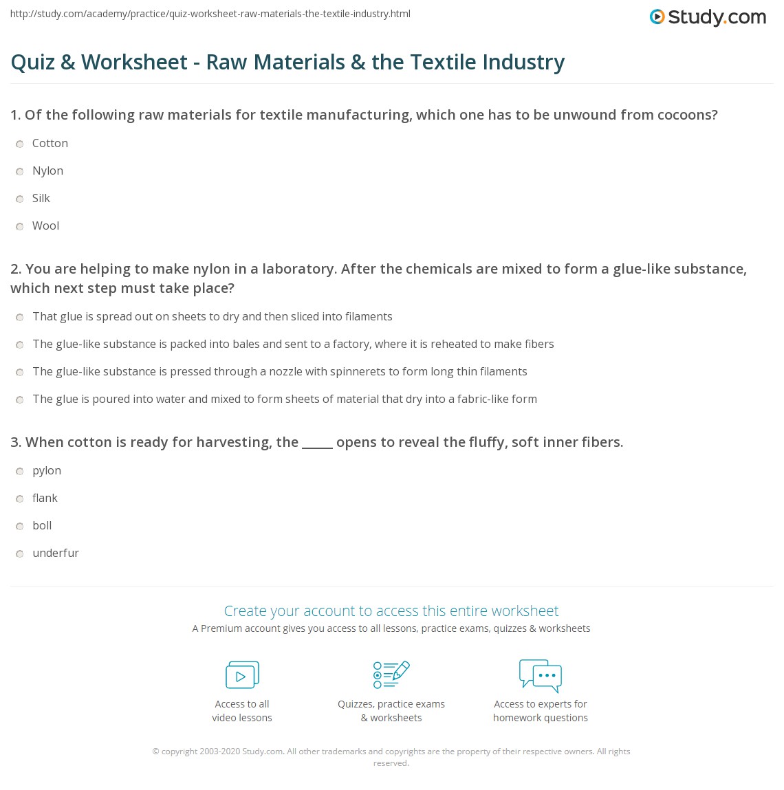 Quiz & Worksheet - Raw Materials & the Textile Industry | Study.com