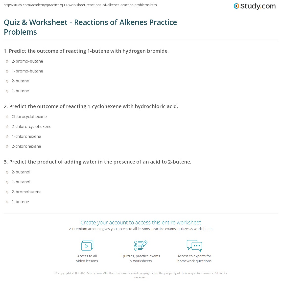 Quiz & Worksheet - Reactions of Alkenes Practice Problems | Study.com