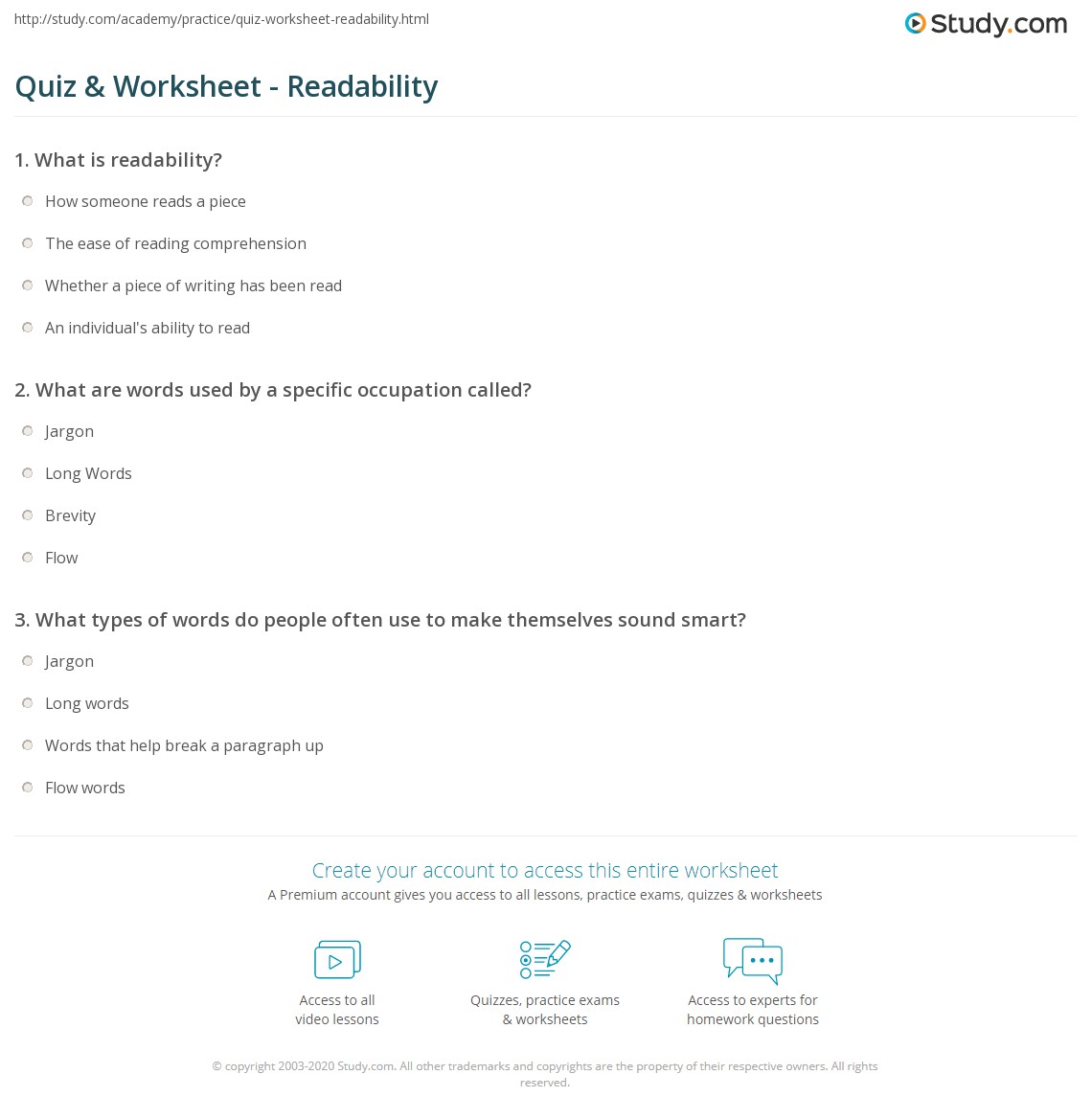 Quiz & Worksheet - Readability | Study.com