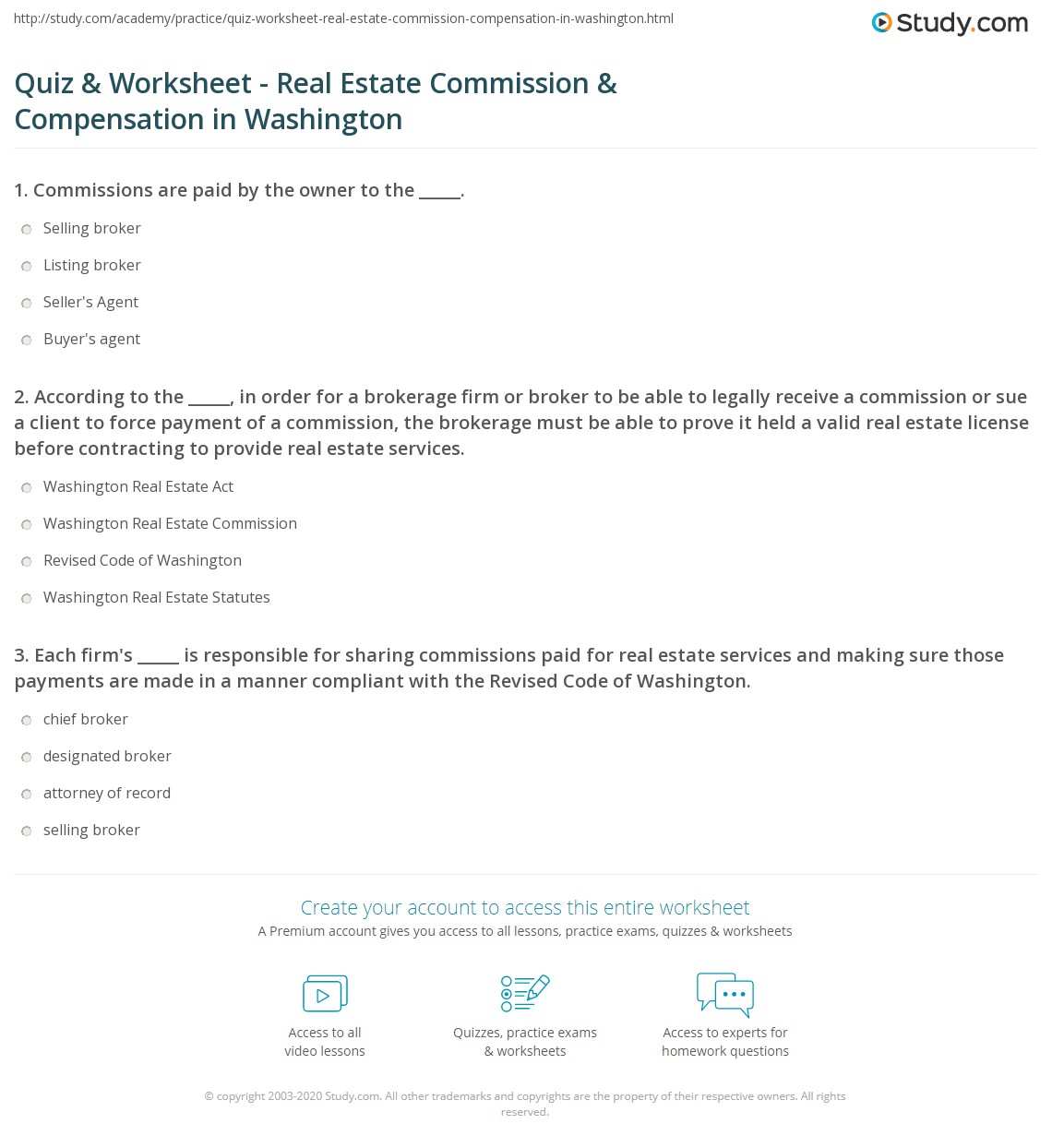 Quiz & Worksheet - Real Estate Commission & Compensation in Washington ...