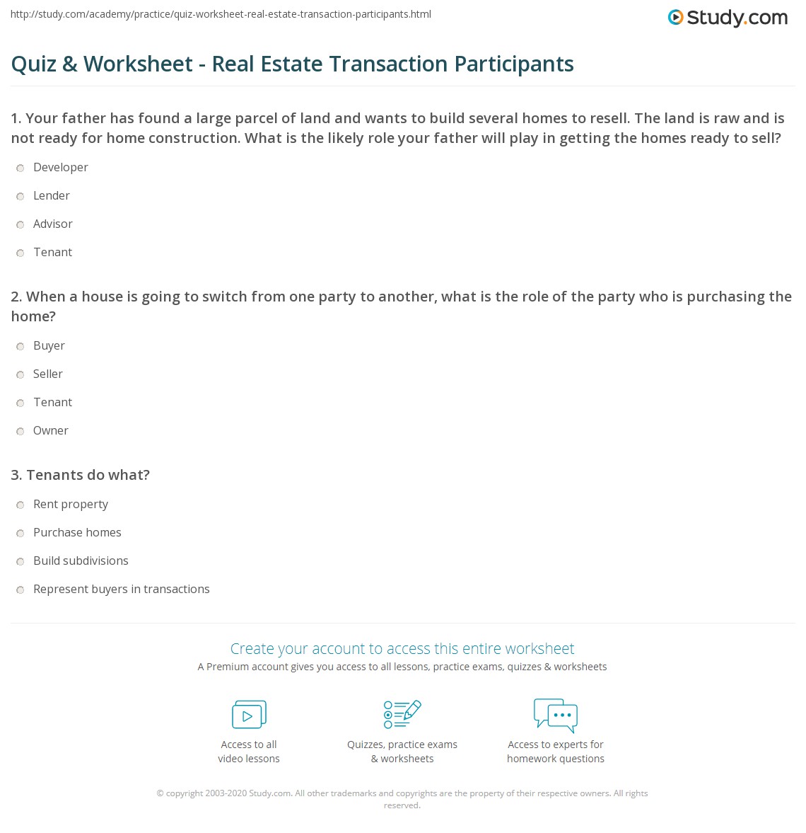 Quiz & Worksheet - Real Estate Transaction Participants | Study.com