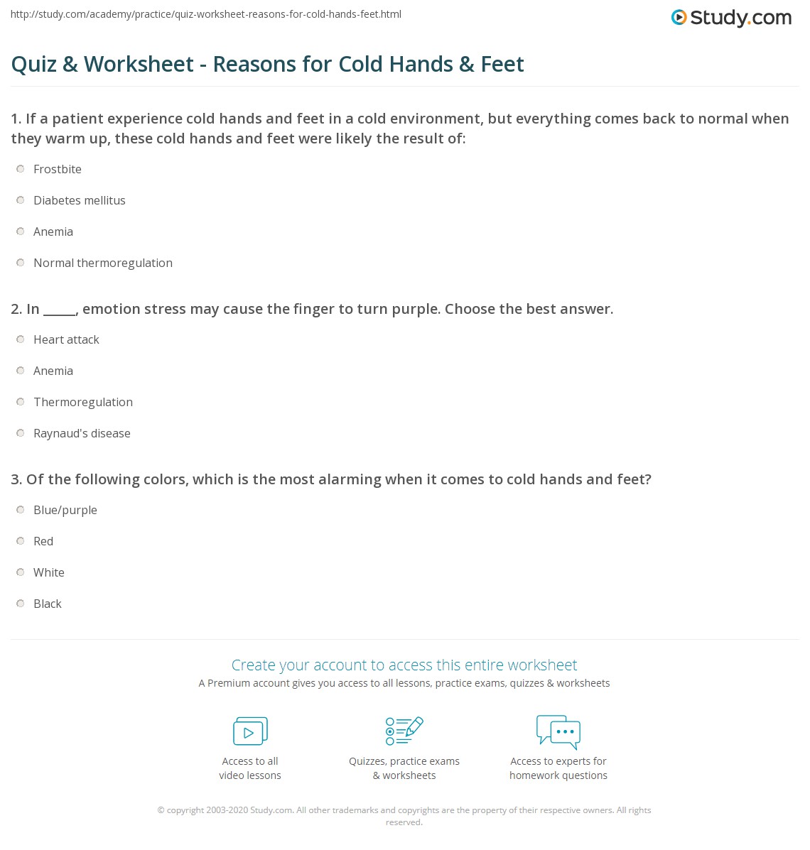 Quiz & Worksheet - Reasons for Cold Hands & Feet | Study.com