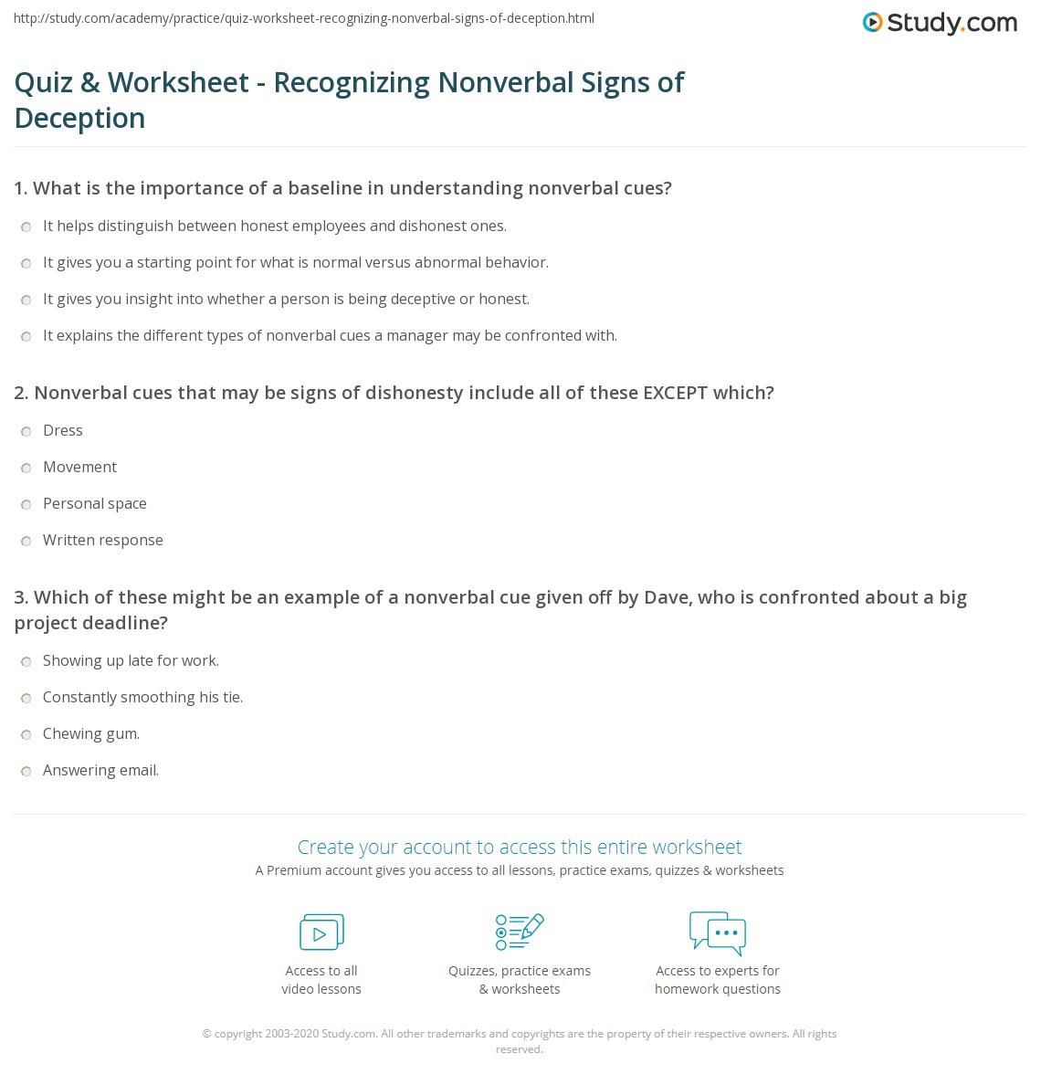 Quiz & Worksheet - Recognizing Nonverbal Signs of Deception | Study.com