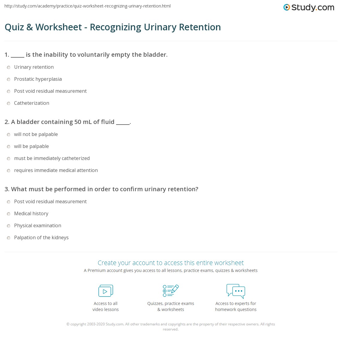 Quiz & Worksheet - Recognizing Urinary Retention | Study.com