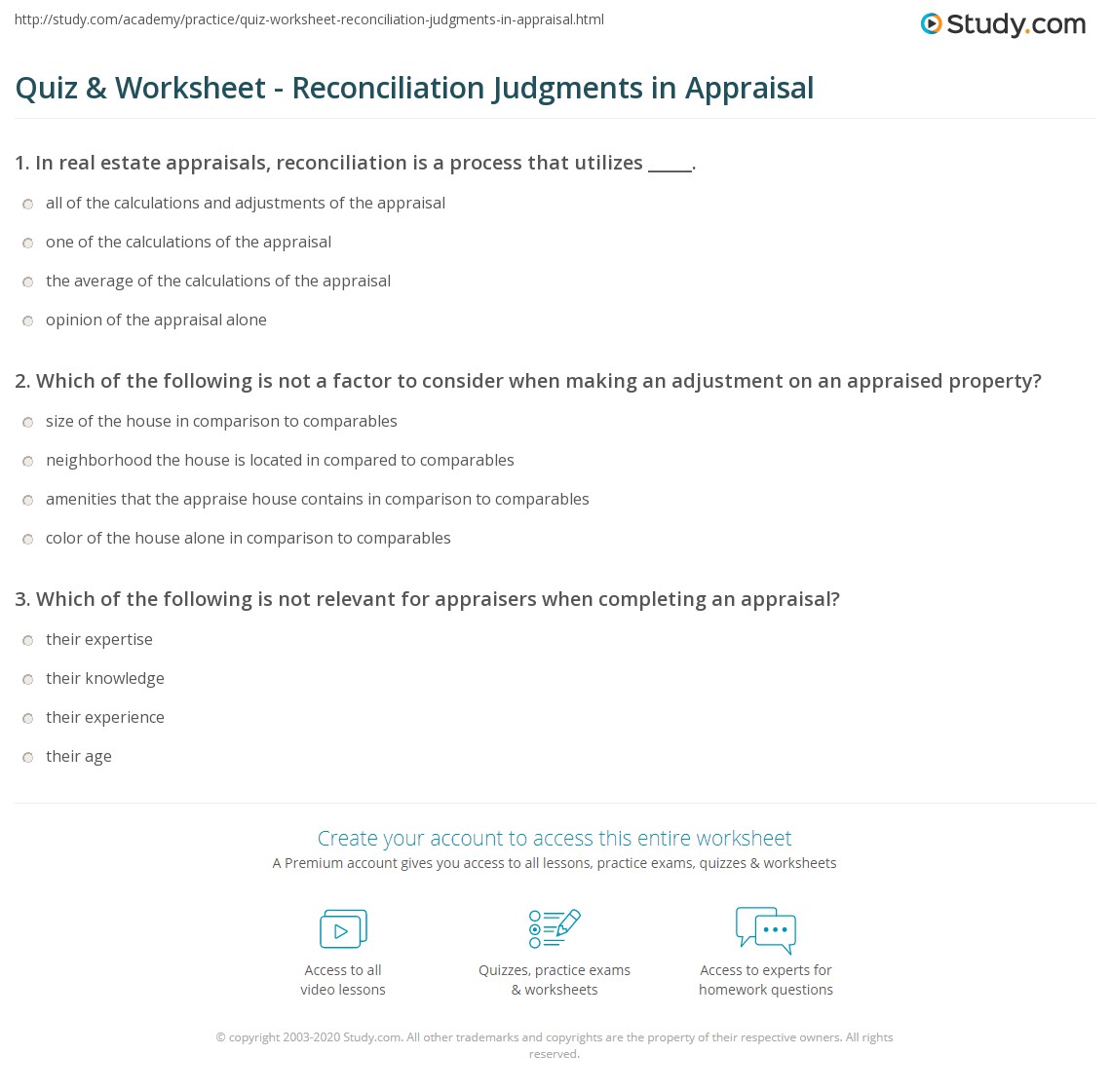 Quiz & Worksheet - Reconciliation Judgments in Appraisal | Study.com