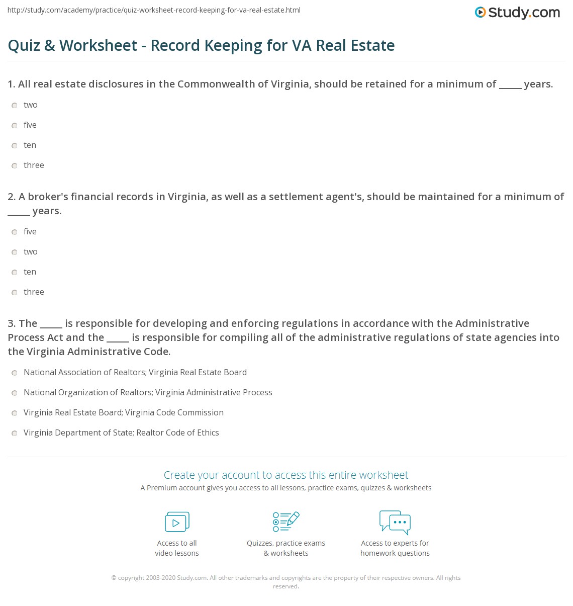 Quiz & Worksheet - Record Keeping for VA Real Estate | Study.com