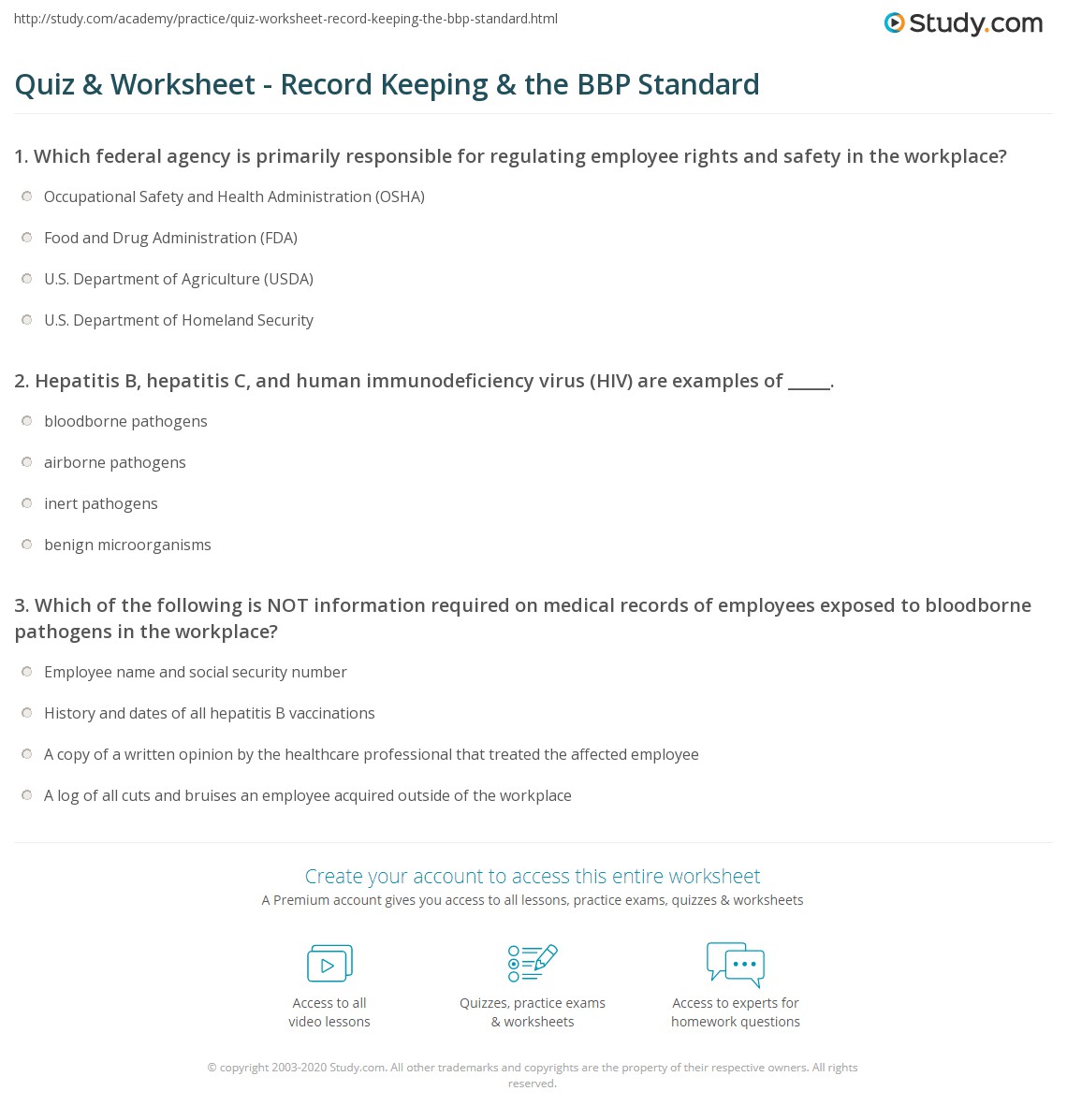 Quiz & Worksheet - Record Keeping & the BBP Standard | Study.com