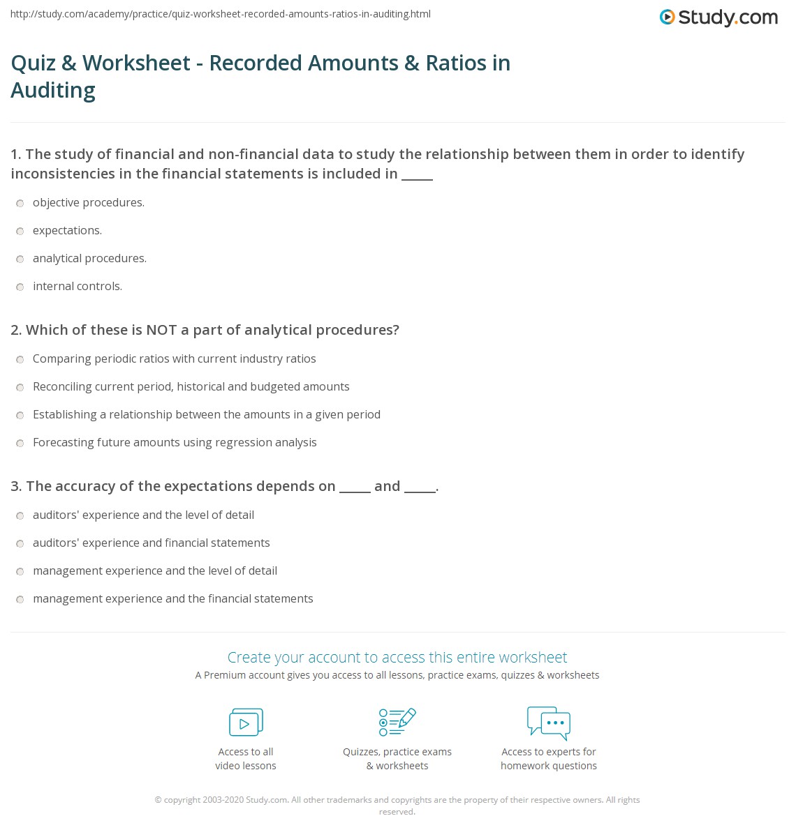 Quiz & Worksheet - Recorded Amounts & Ratios in Auditing | Study.com