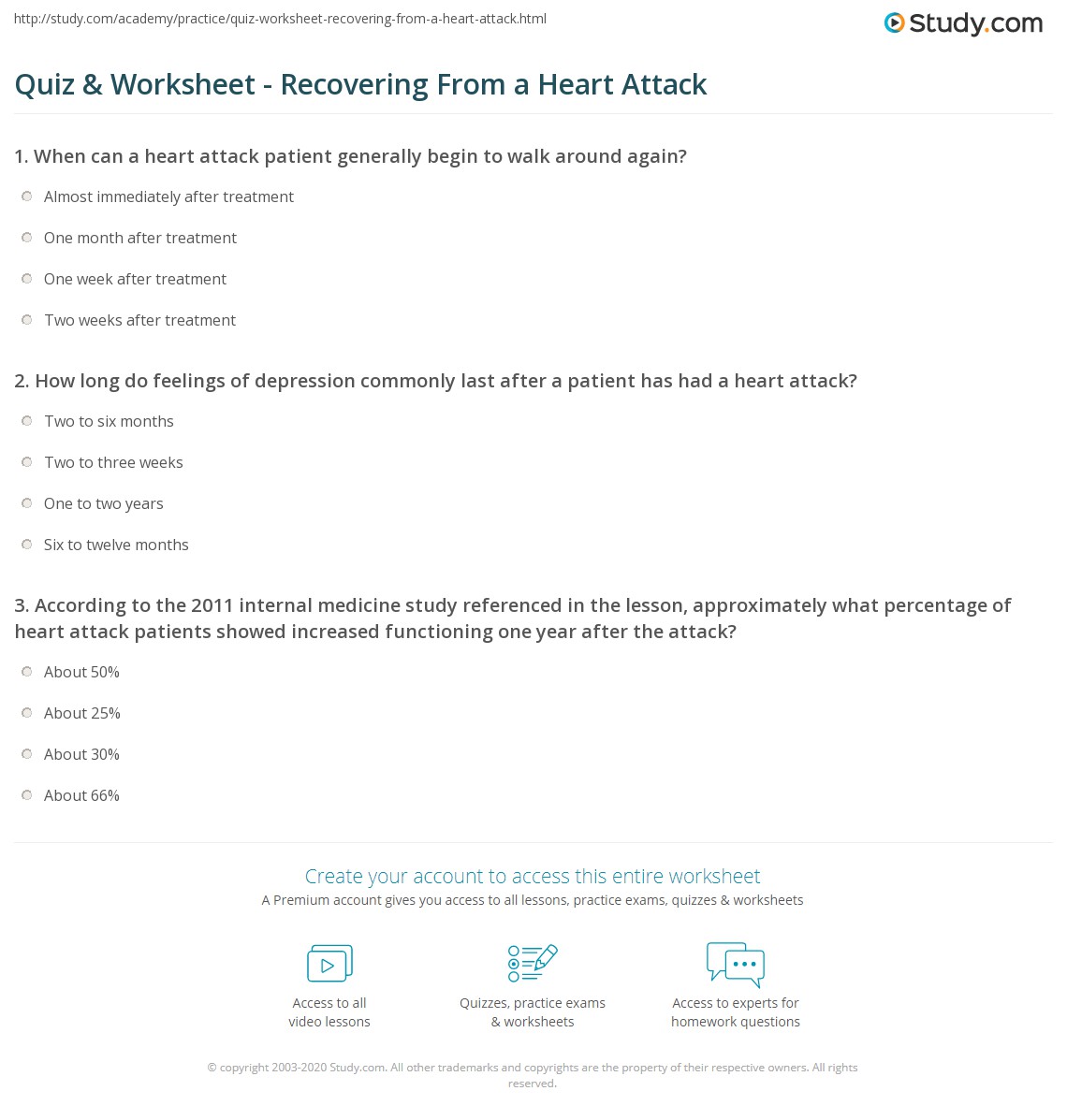 Quiz & Worksheet - Recovering From a Heart Attack | Study.com