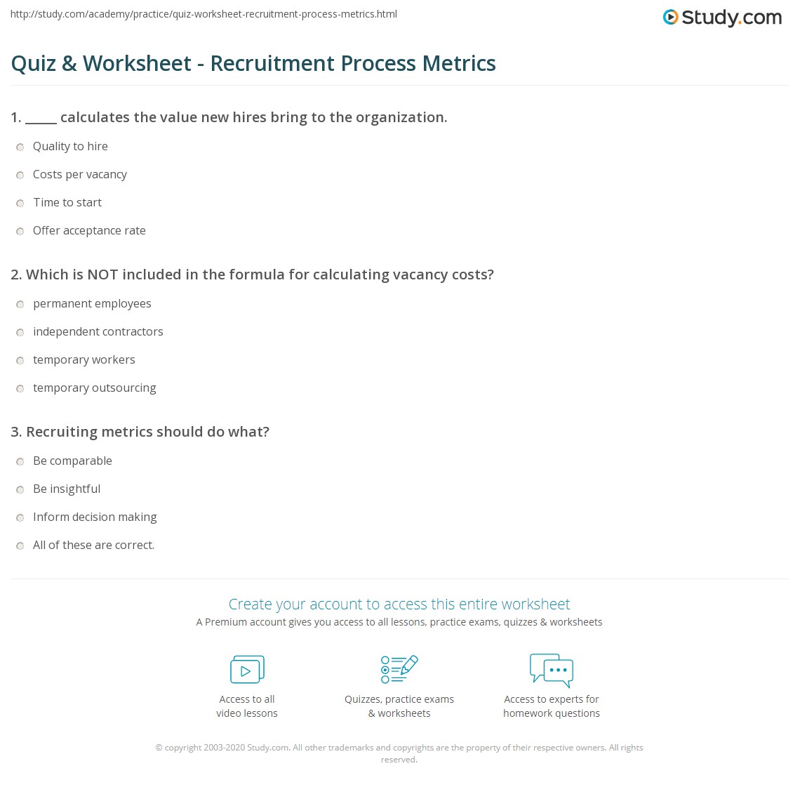 Quiz & Worksheet - Recruitment Process Metrics | Study.com