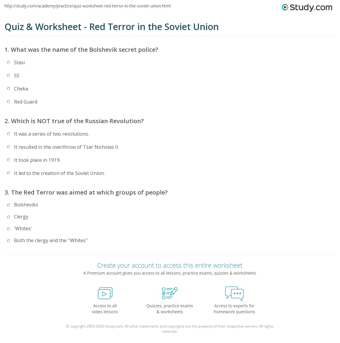 Quiz & Worksheet - Red Terror in the Soviet Union | Study.com