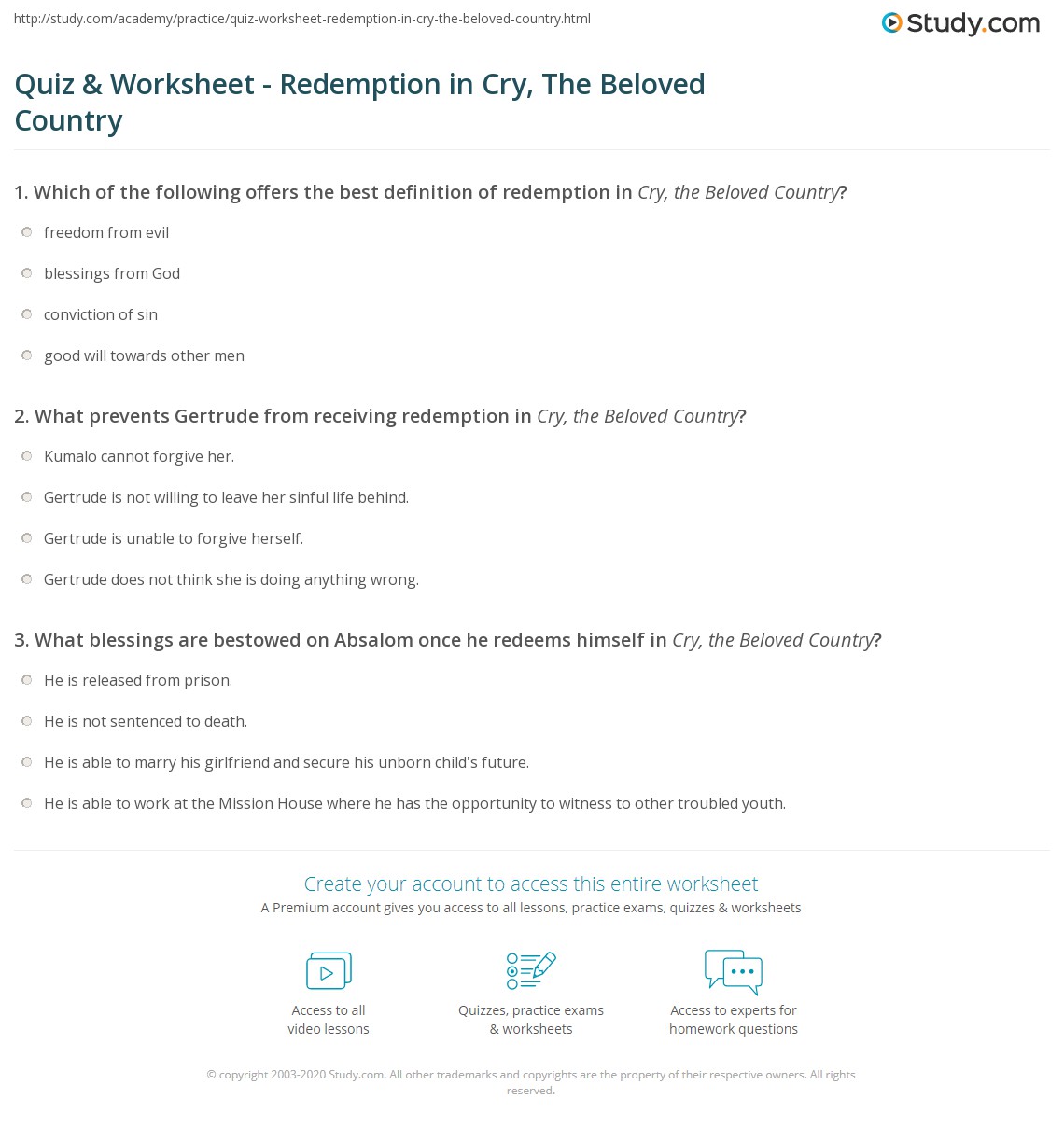 Quiz & Worksheet - Redemption in Cry, The Beloved Country | Study.com