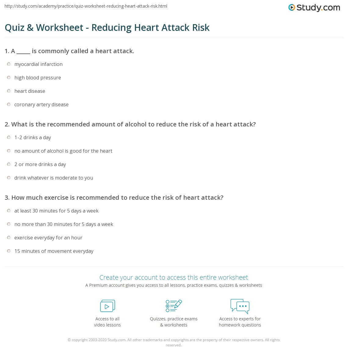Quiz & Worksheet - Reducing Heart Attack Risk | Study.com