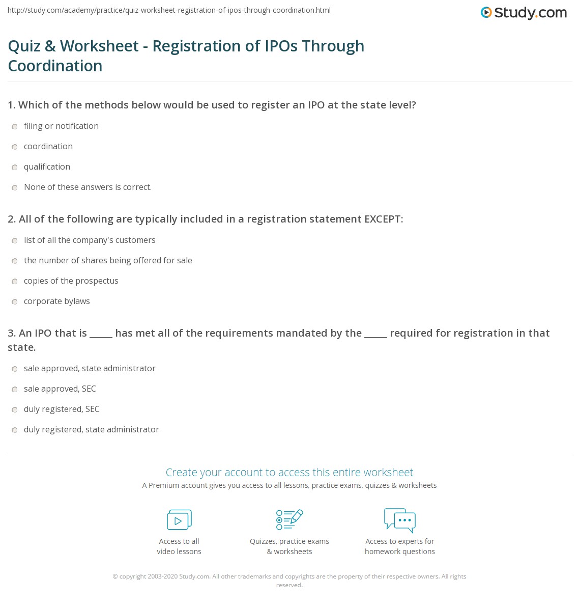 Quiz & Worksheet - Registration of IPOs Through Coordination | Study.com