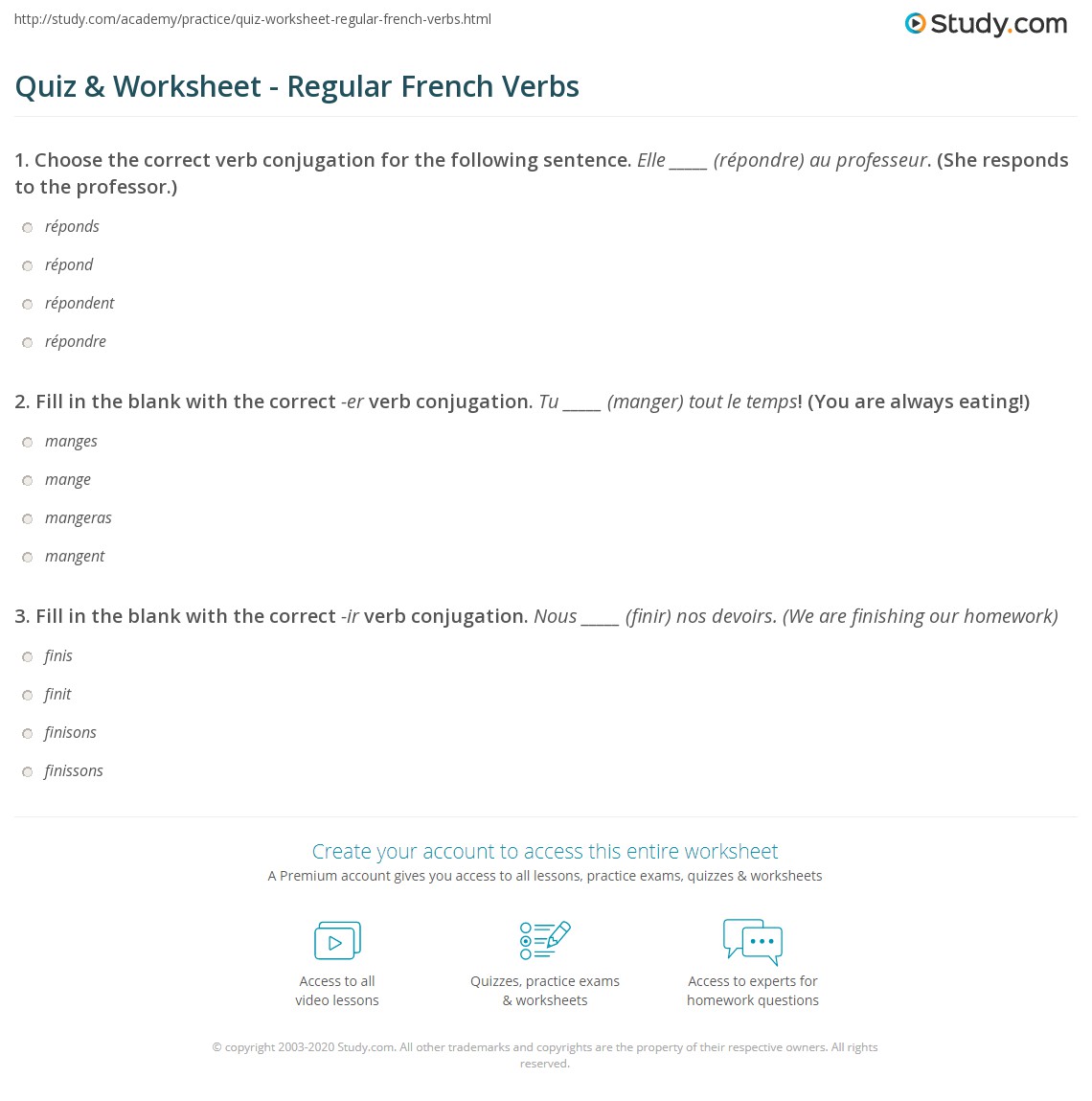 Quiz Worksheet Regular French Verbs Study