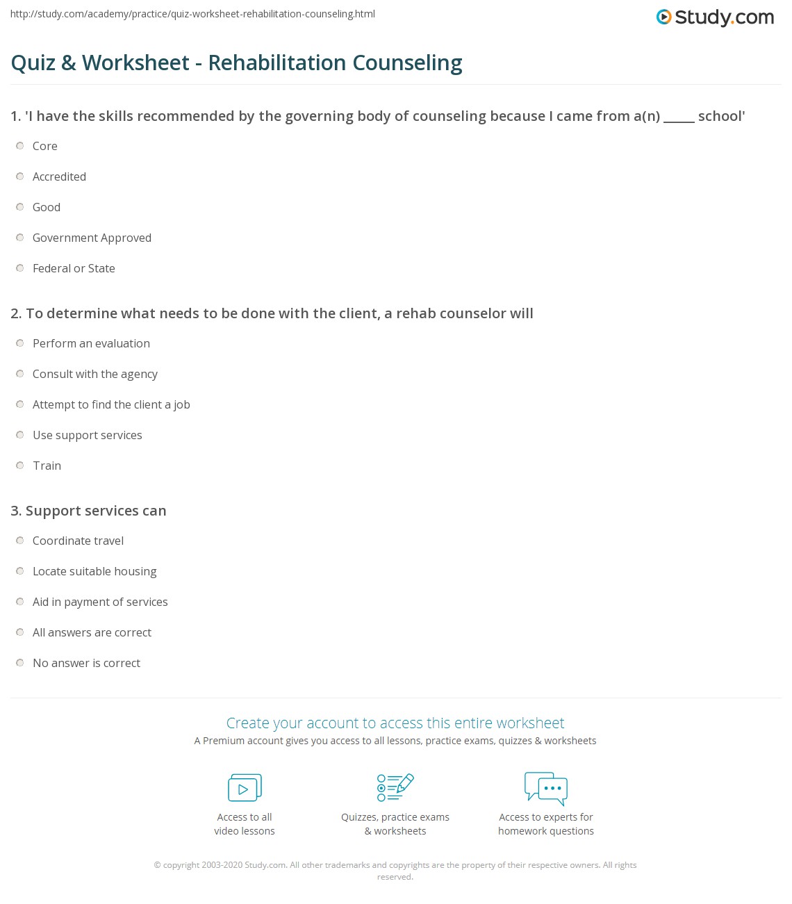 Quiz & Worksheet - Rehabilitation Counseling | Study.com