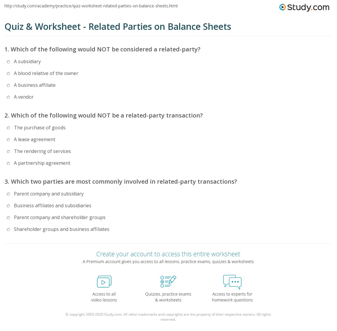 Quiz & Worksheet - Related Parties on Balance Sheets | Study.com
