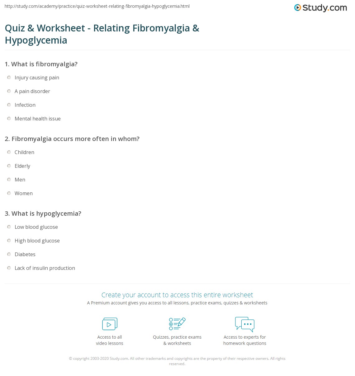 Quiz & Worksheet - Relating Fibromyalgia & Hypoglycemia | Study.com