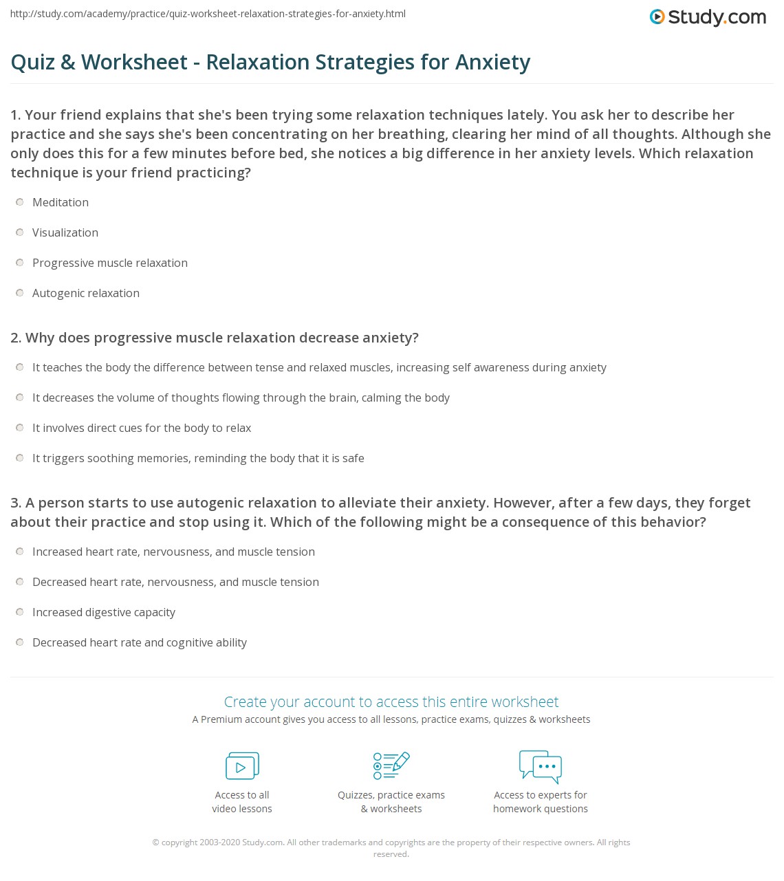 Quiz & Worksheet - Relaxation Strategies for Anxiety | Study.com