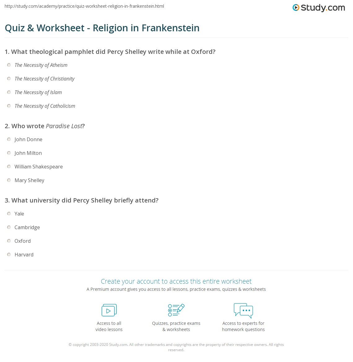 Quiz & Worksheet - Religion in Frankenstein | Study.com
