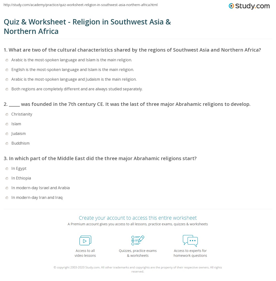 Quiz & Worksheet - Religion in Southwest Asia & Northern Africa | Study.com