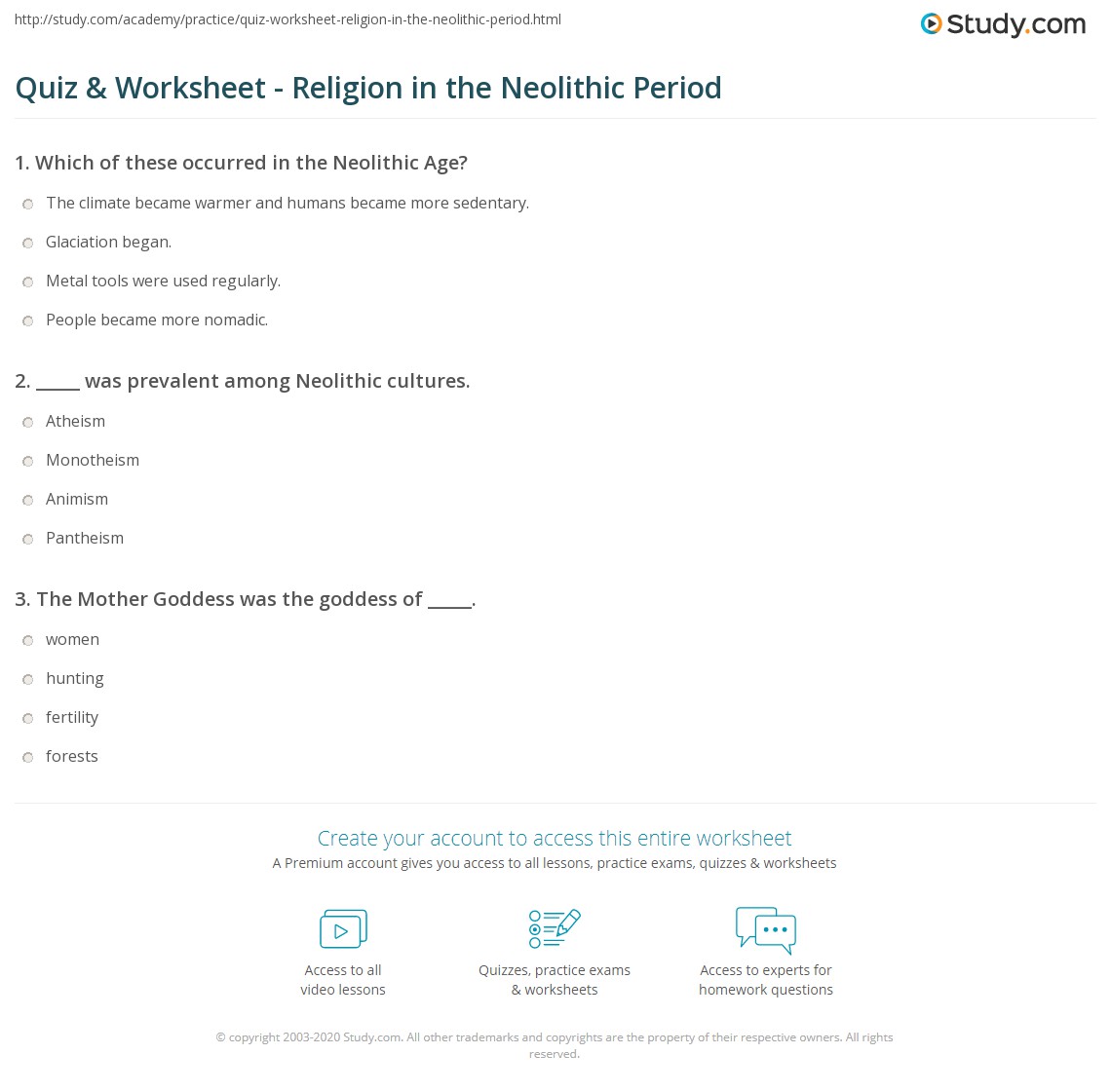 Quiz & Worksheet - Religion in the Neolithic Period | Study.com