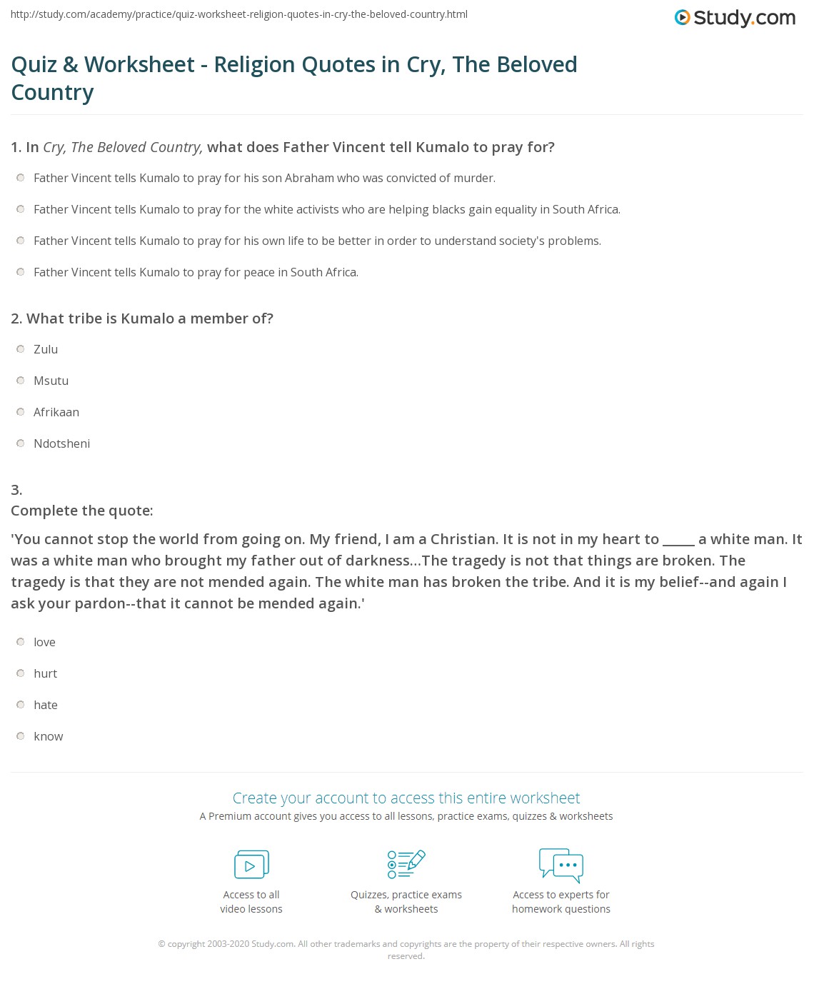 Quiz & Worksheet - Religion Quotes in Cry, The Beloved Country | Study.com
