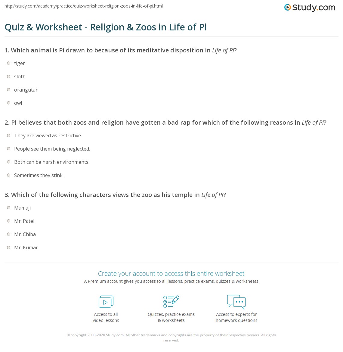 Quiz & Worksheet - Religion & Zoos in Life of Pi | Study.com