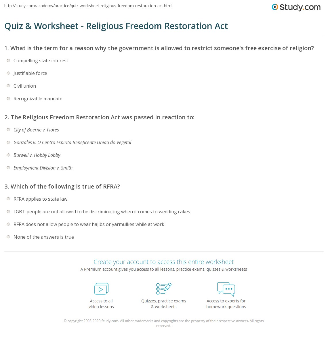 Quiz & Worksheet - Religious Freedom Restoration Act | Study.com