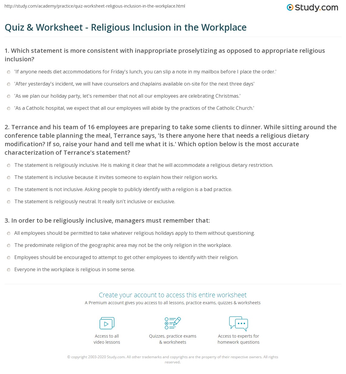 Quiz & Worksheet - Religious Inclusion in the Workplace | Study.com