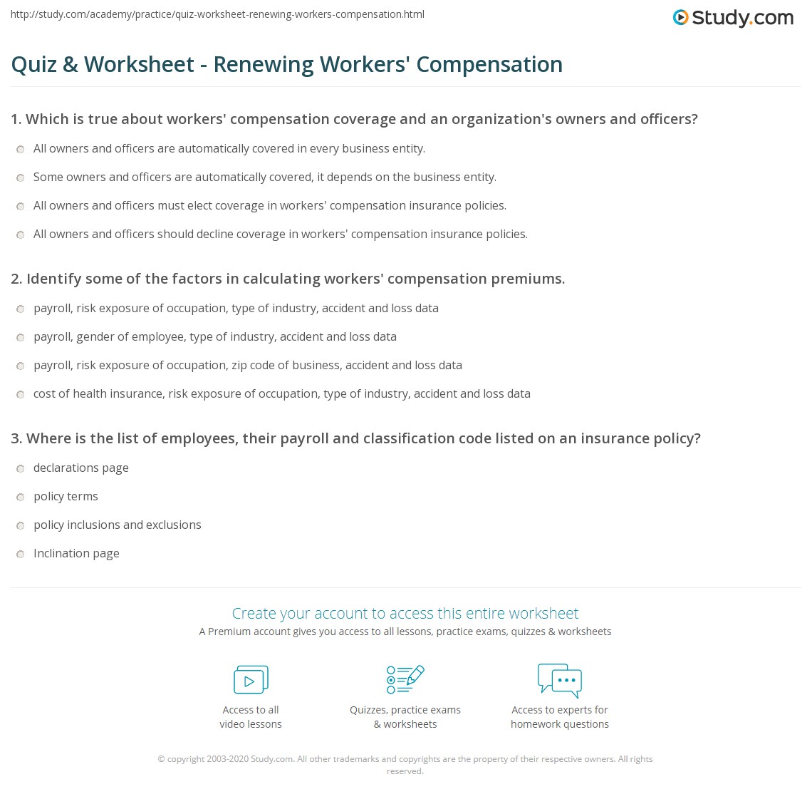 Quiz & Worksheet - Renewing Workers' Compensation | Study.com