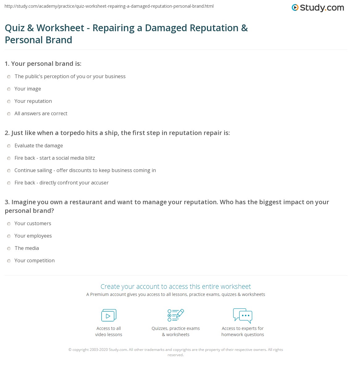 Quiz & Worksheet - Repairing a Damaged Reputation & Personal Brand ...