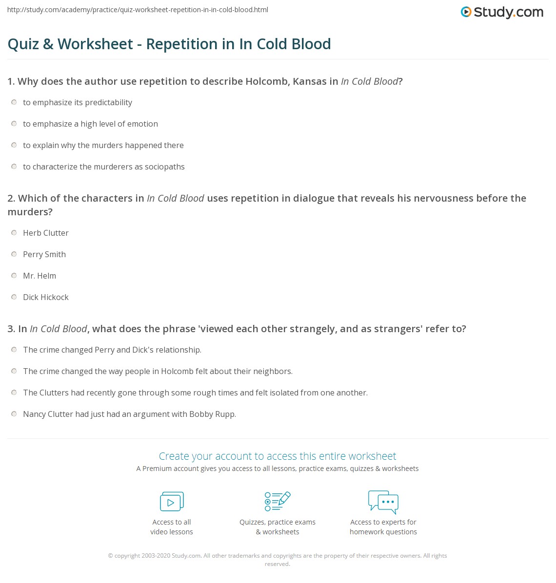 Quiz & Worksheet - Repetition in In Cold Blood | Study.com