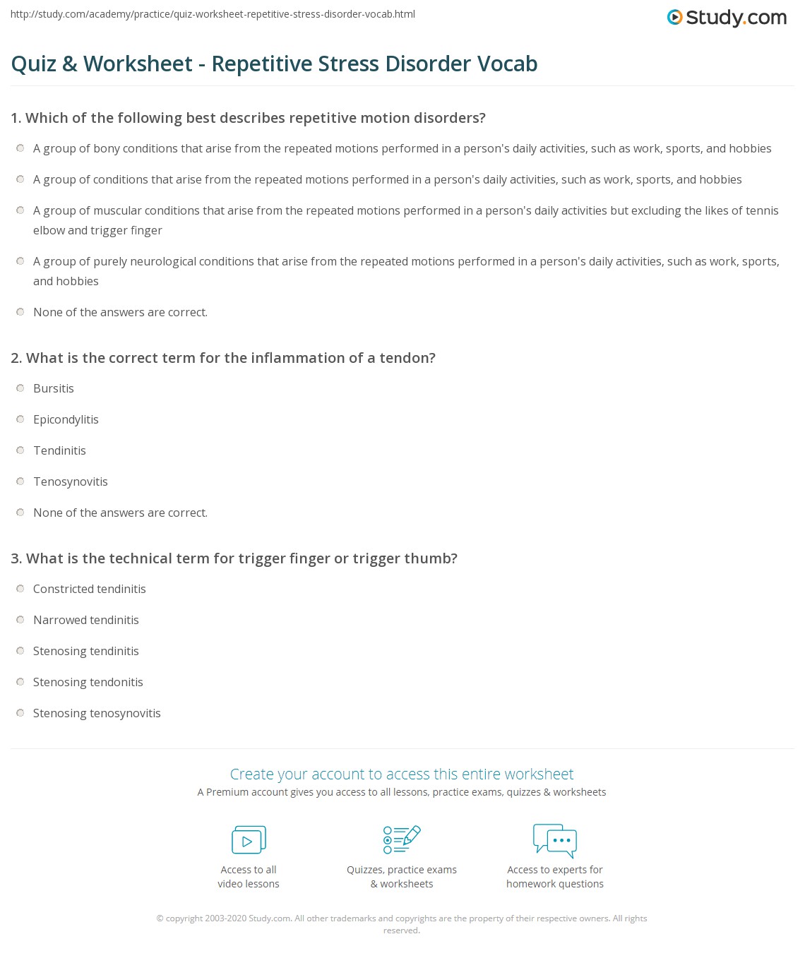 Quiz & Worksheet - Repetitive Stress Disorder Vocab | Study.com