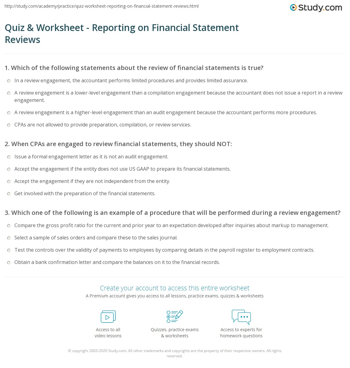 Quiz & Worksheet - Reporting on Financial Statement Reviews | Study.com