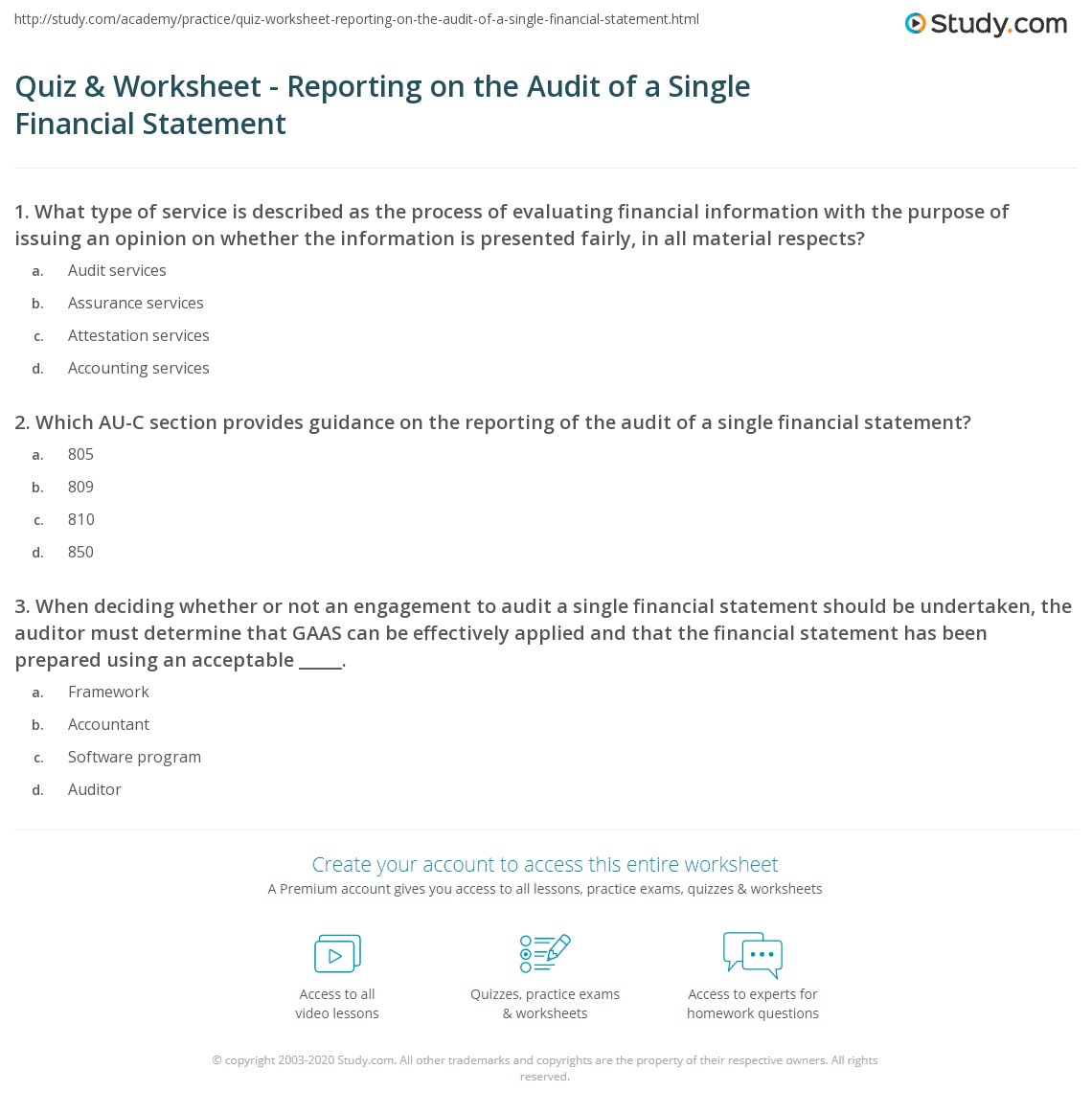 Quiz & Worksheet - Reporting on the Audit of a Single Financial ...