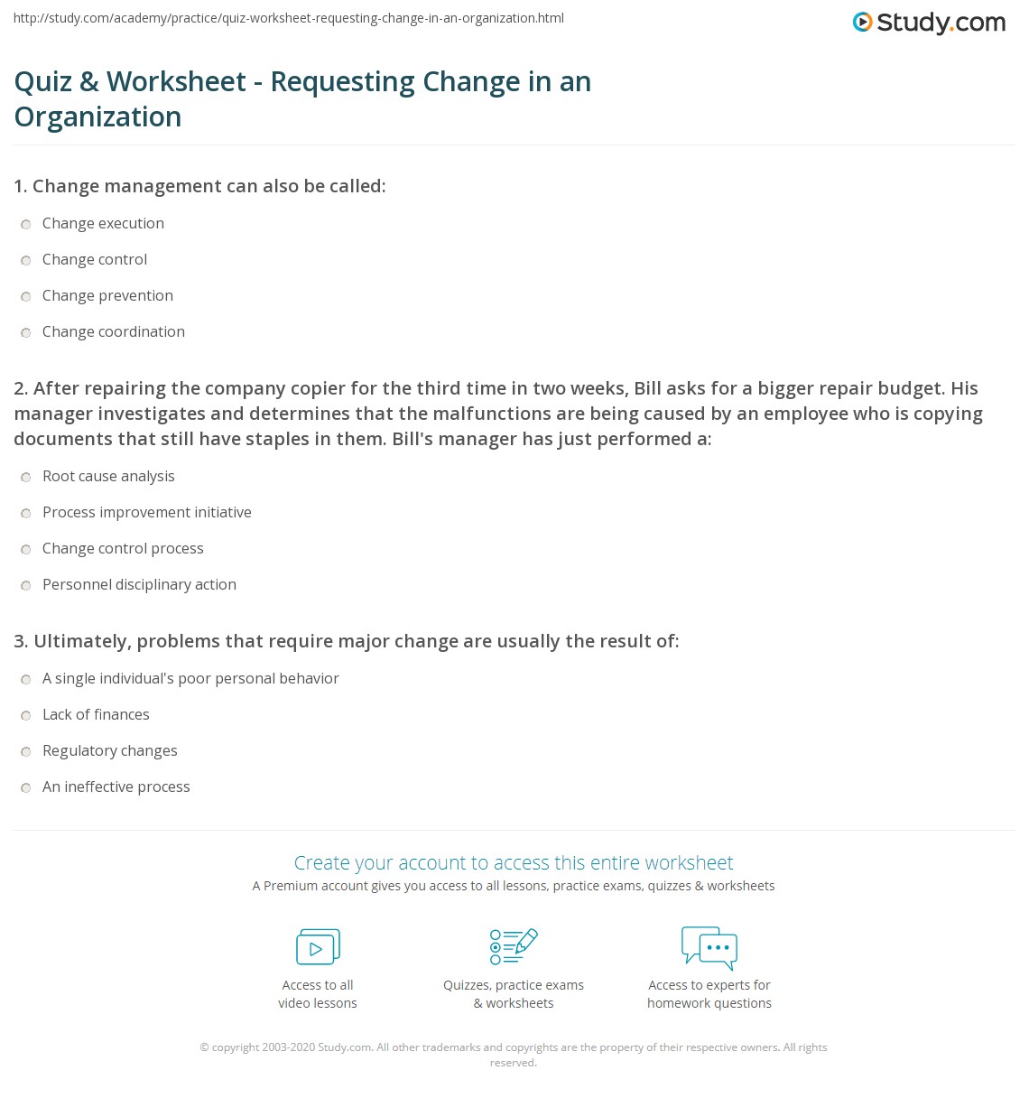 Quiz & Worksheet - Requesting Change in an Organization | Study.com