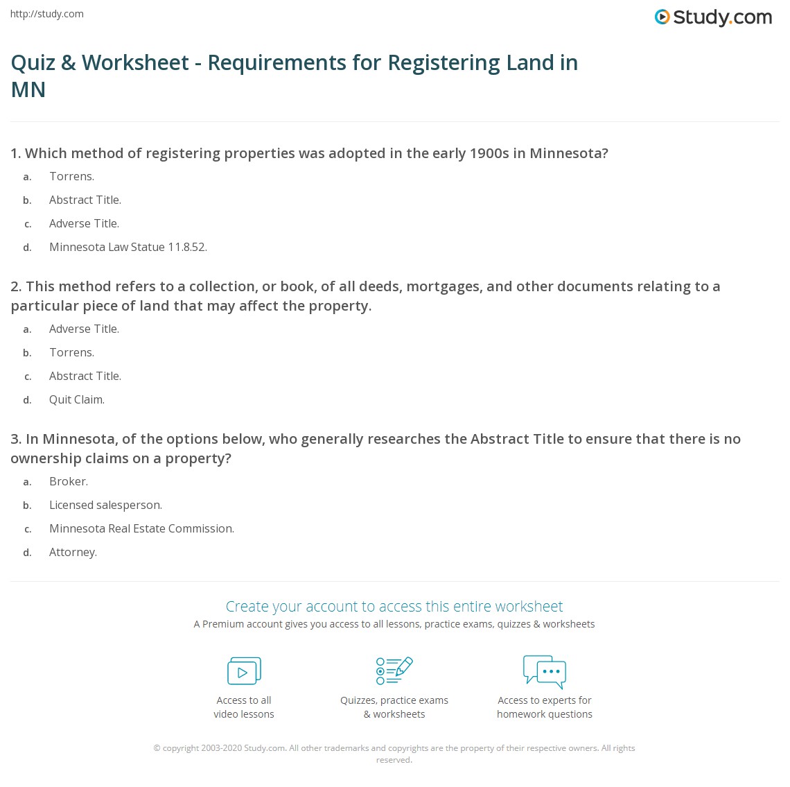 Quiz & Worksheet - Requirements for Registering Land in MN | Study.com