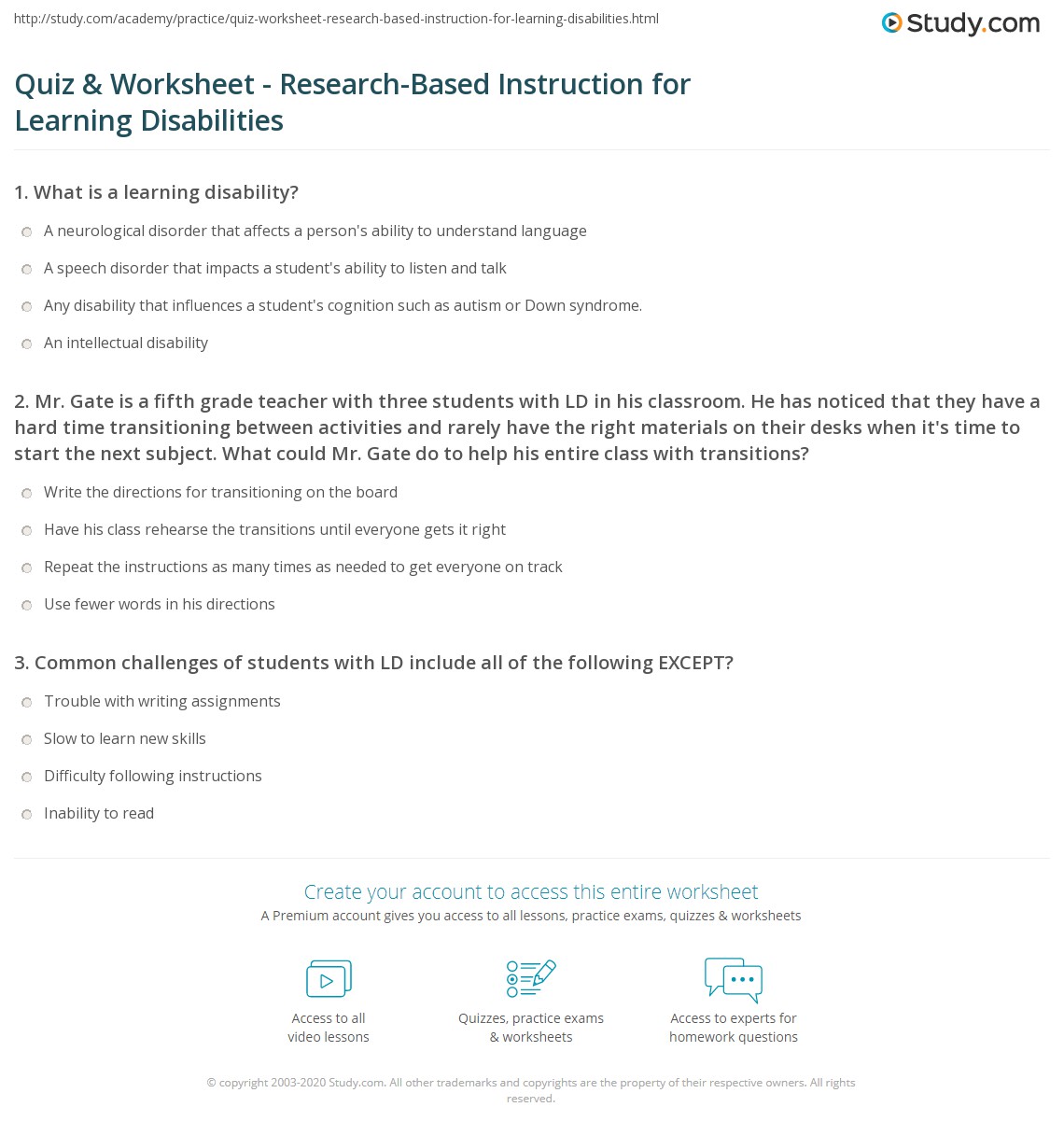 Quiz & Worksheet - Research-Based Instruction for Learning Disabilities ...