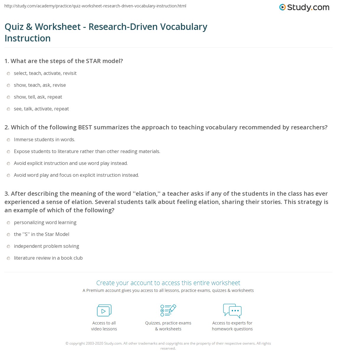 Quiz & Worksheet - Research-Driven Vocabulary Instruction | Study.com