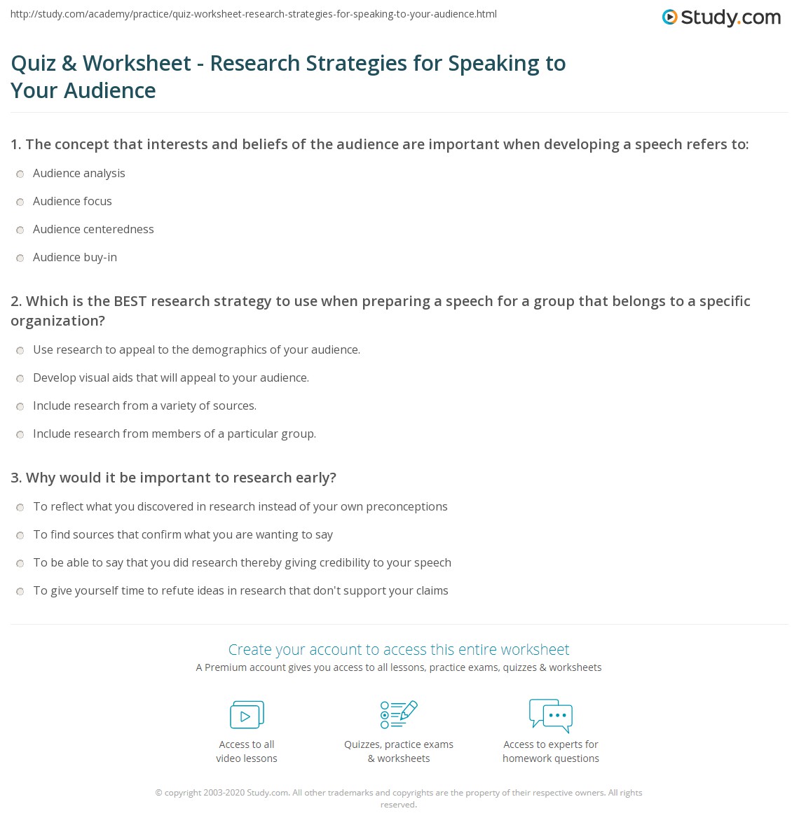 Quiz & Worksheet - Research Strategies for Speaking to Your Audience ...