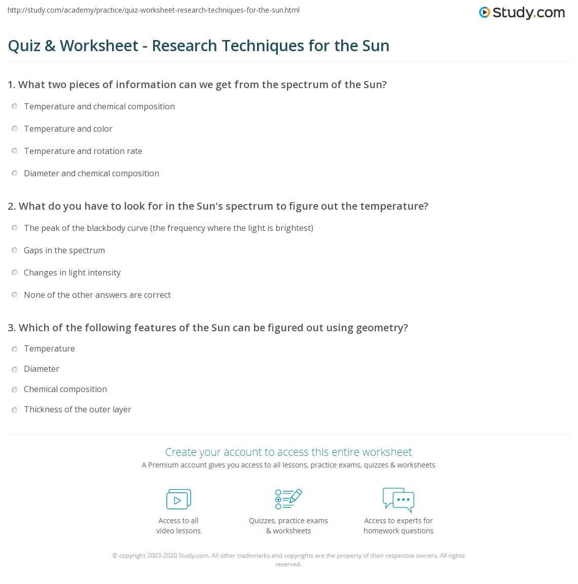 Quiz & Worksheet - Research Techniques for the Sun | Study.com