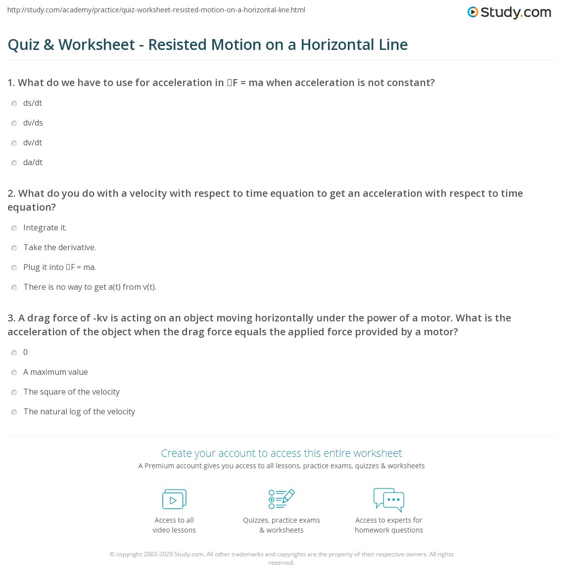 Quiz & Worksheet - Resisted Motion on a Horizontal Line | Study.com
