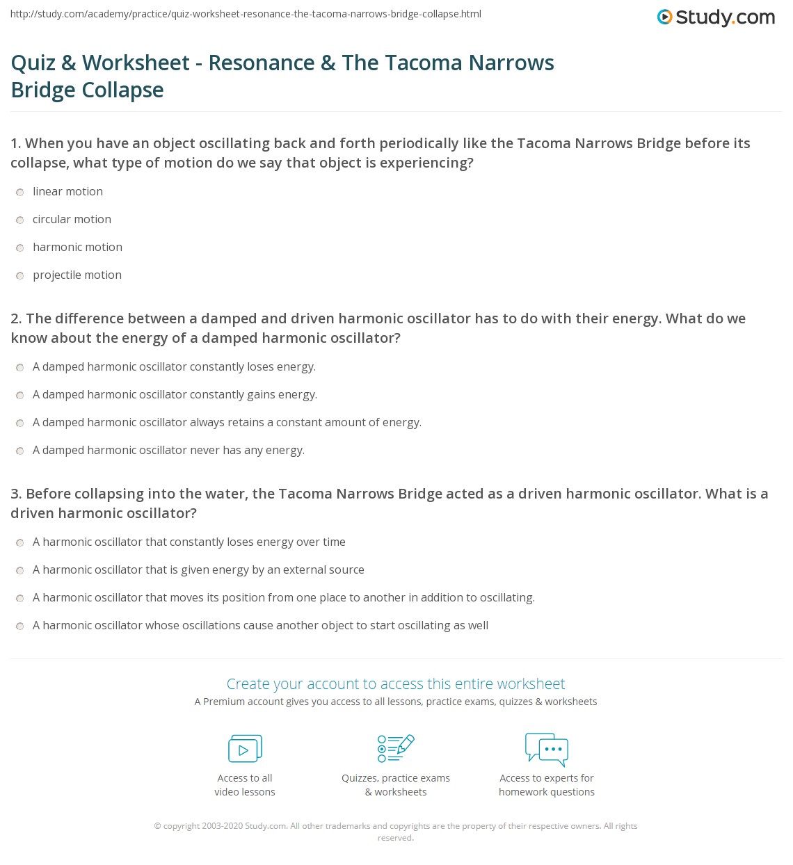 Quiz & Worksheet - Resonance & The Tacoma Narrows Bridge Collapse ...